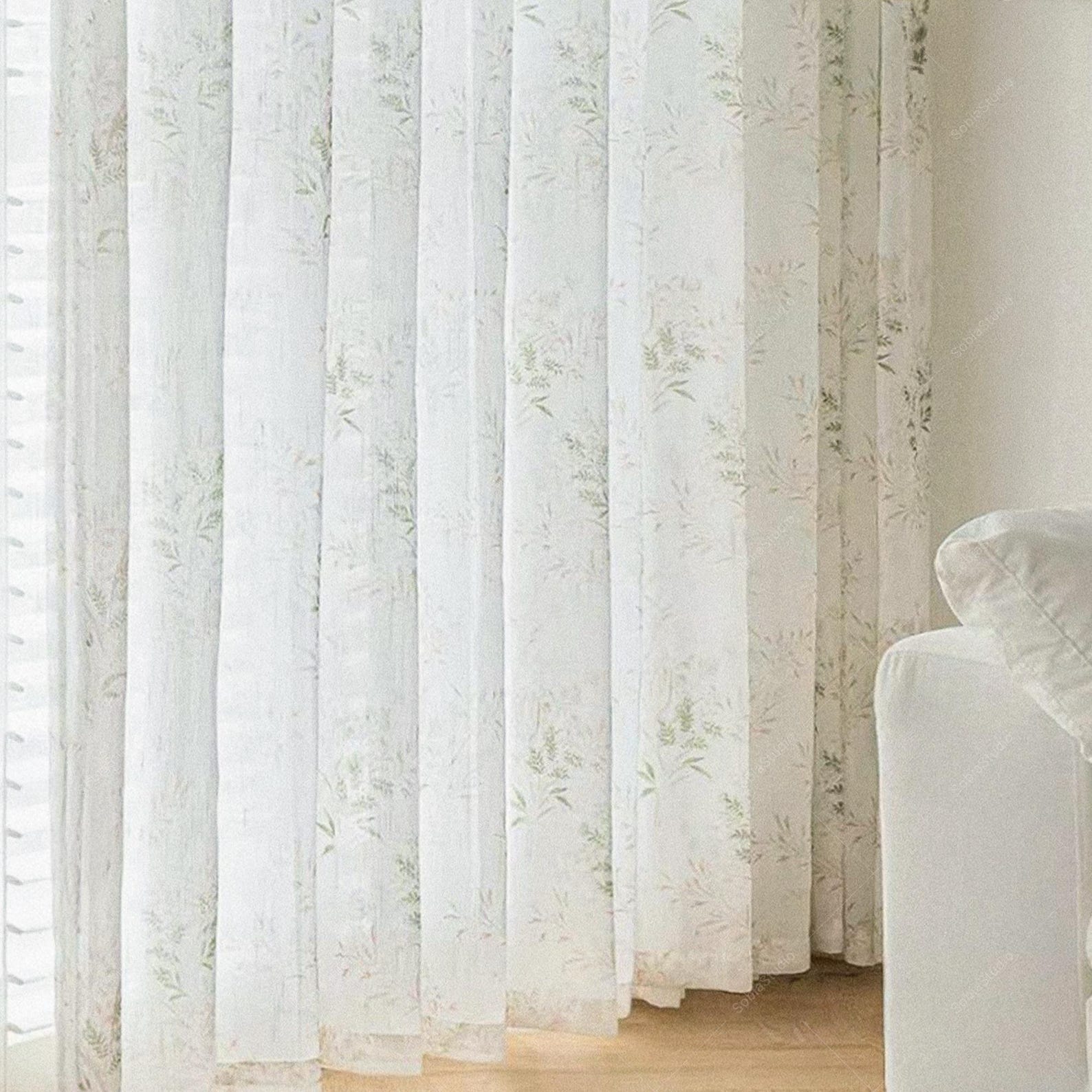 Botanical Sheer Curtain: Linen Texture Voile Panel - Light Filtering ...
