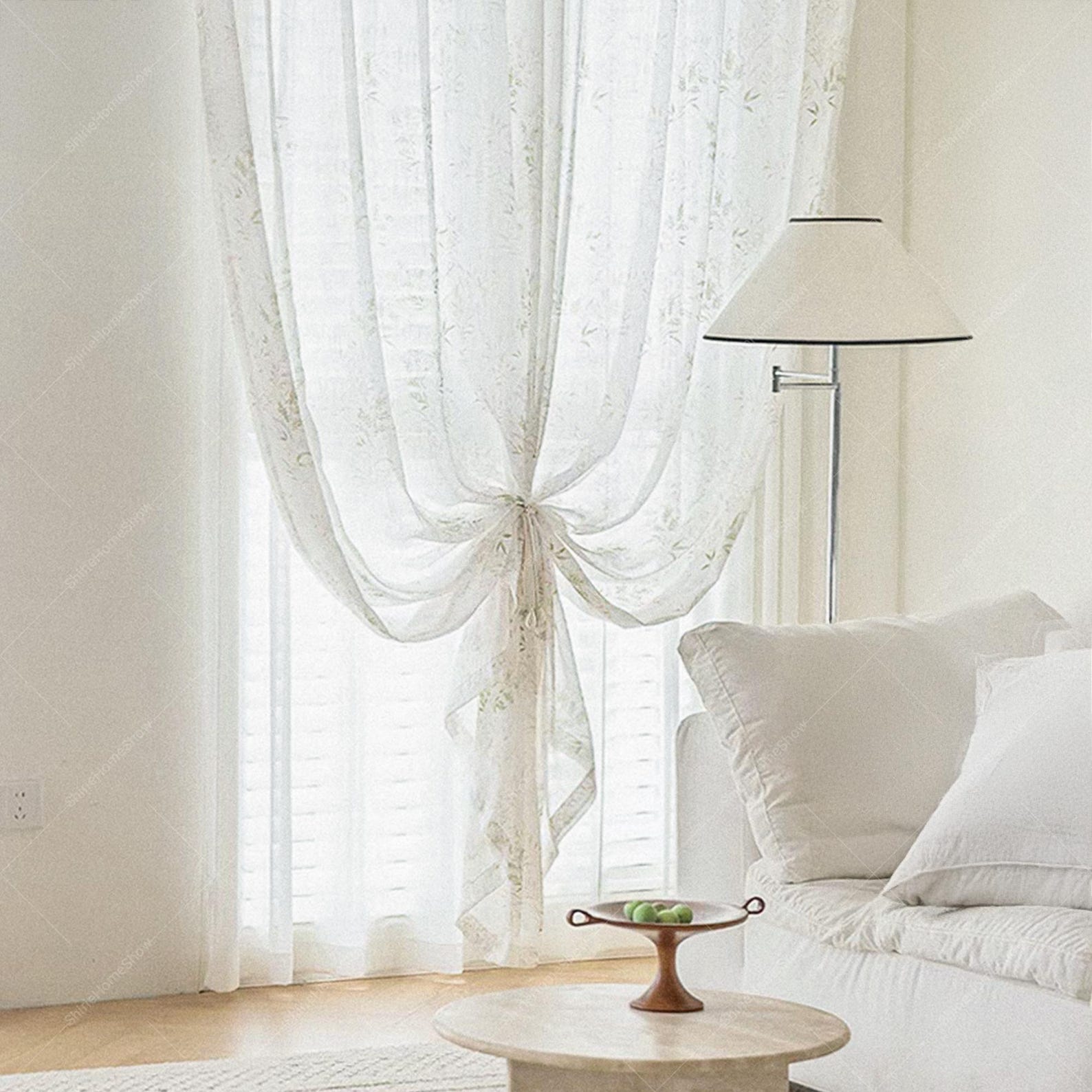 Botanical Sheer Curtain: Linen Texture Voile Panel - Light Filtering ...