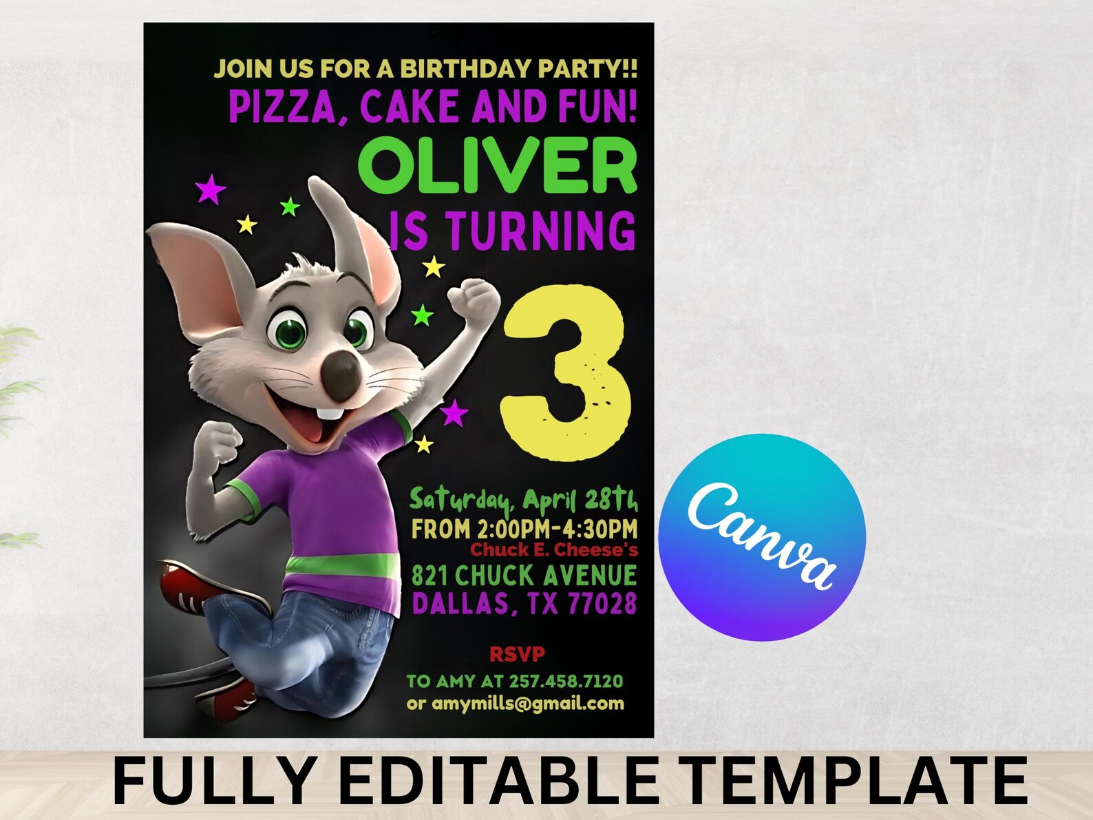 Editable Chuck E Cheese Birthday Invitation Template | Chuck Evite, Printable Chuck Cheese Party ...
