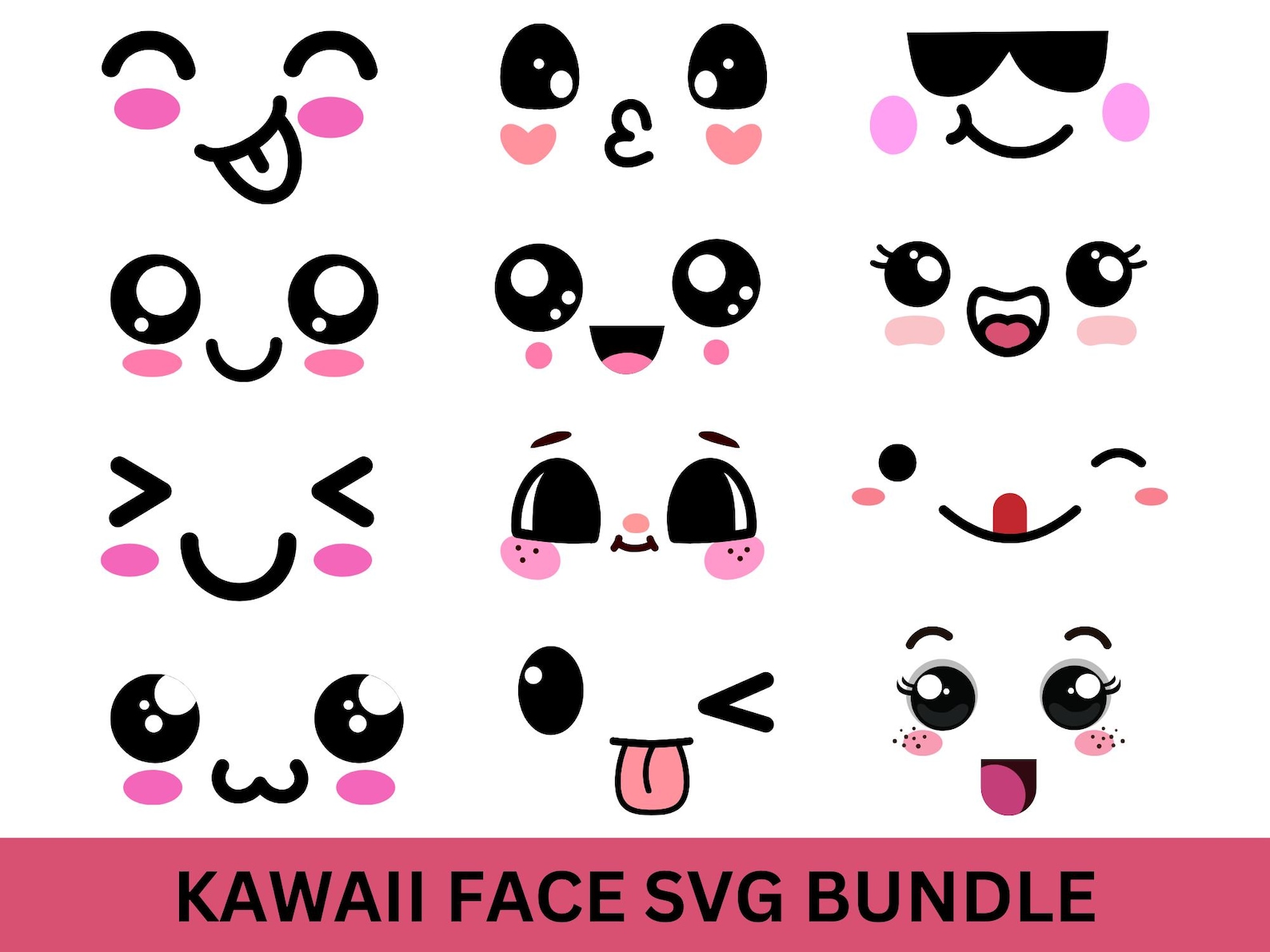 Kawaii Faces SVG Bundle, Cute Face Clipart, Cartoon Emoji Face Svg ...