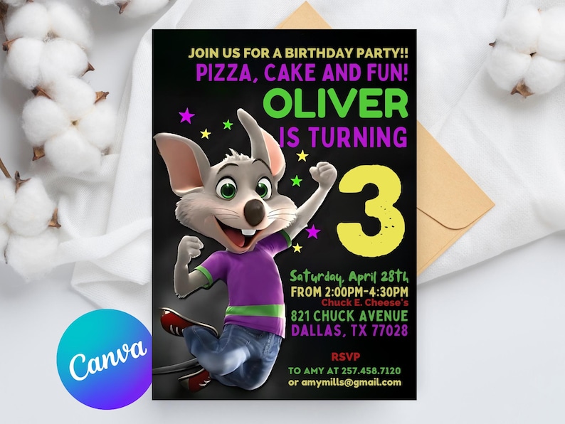 Editable Chuck E Cheese Birthday Invitation Template | Chuck Evite ...