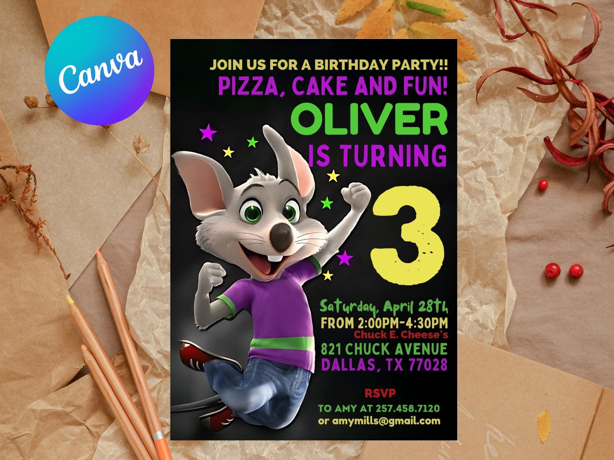 Editable Chuck E Cheese Birthday Invitation Template | Chuck Evite ...