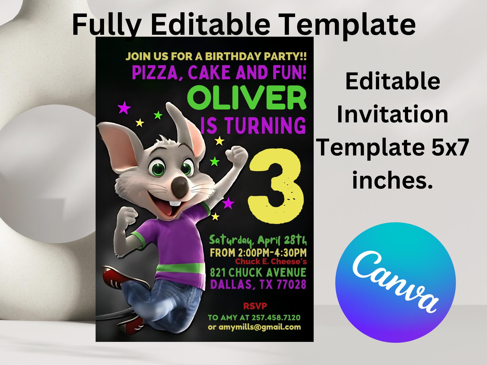 Editable Chuck E Cheese Birthday Invitation Template | Chuck Evite ...