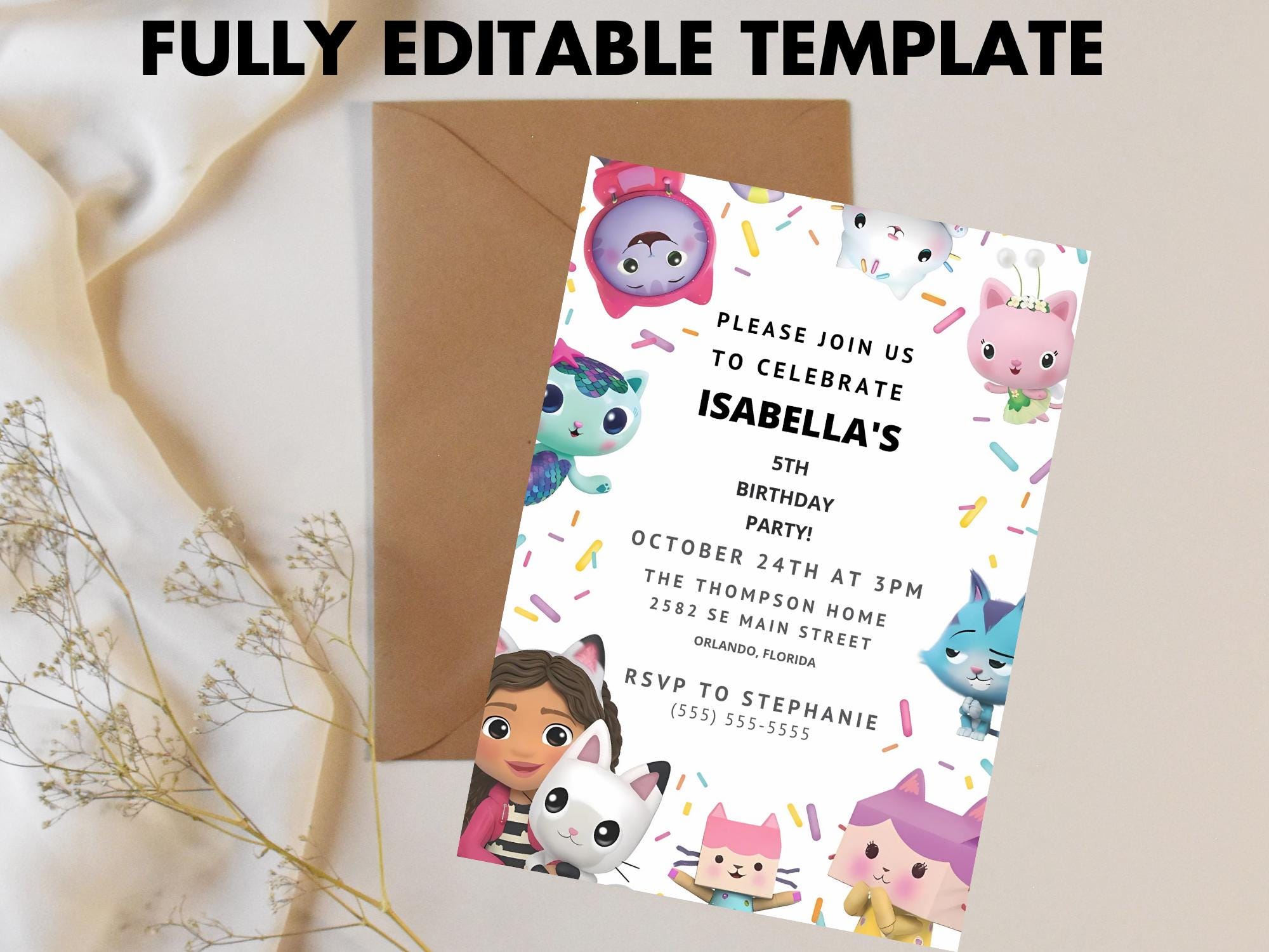 Gabbys Dollhouse Birthday Invitation | Editable Gabby's Kids Birthday ...