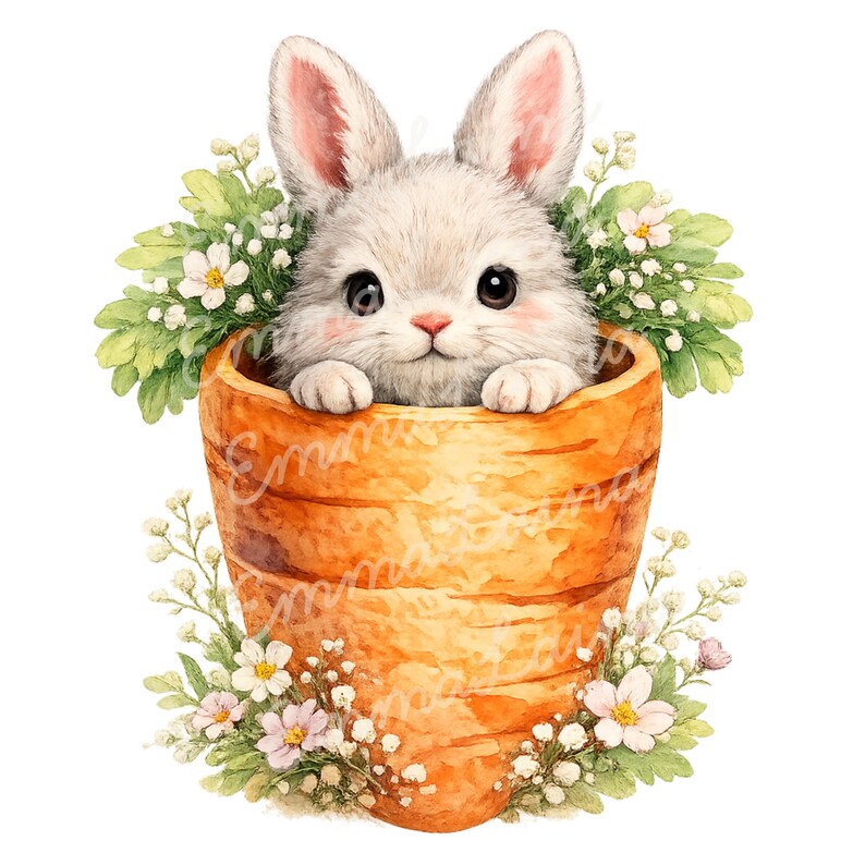 Easter Bunny PNG, Bunny in Carrot PNG, Watercolor Bunny Clipart, Cute ...