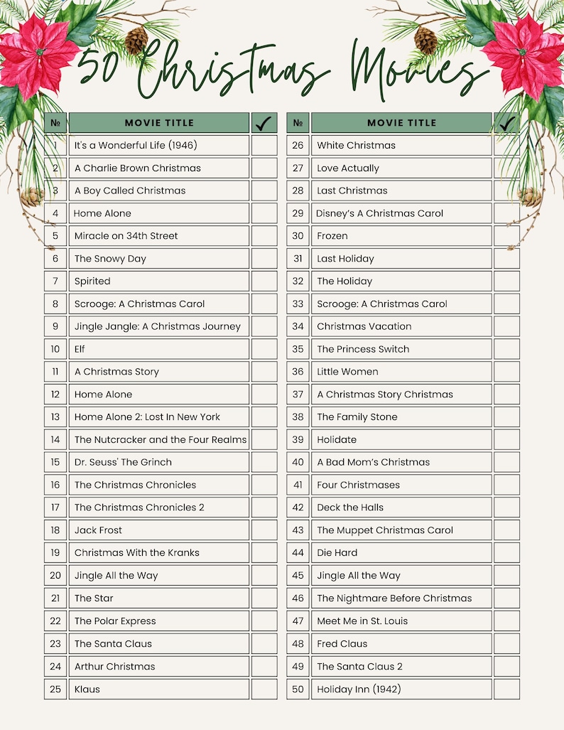 50 Christmas Movies Checklist | Christmas Movies | Family Movie Night ...
