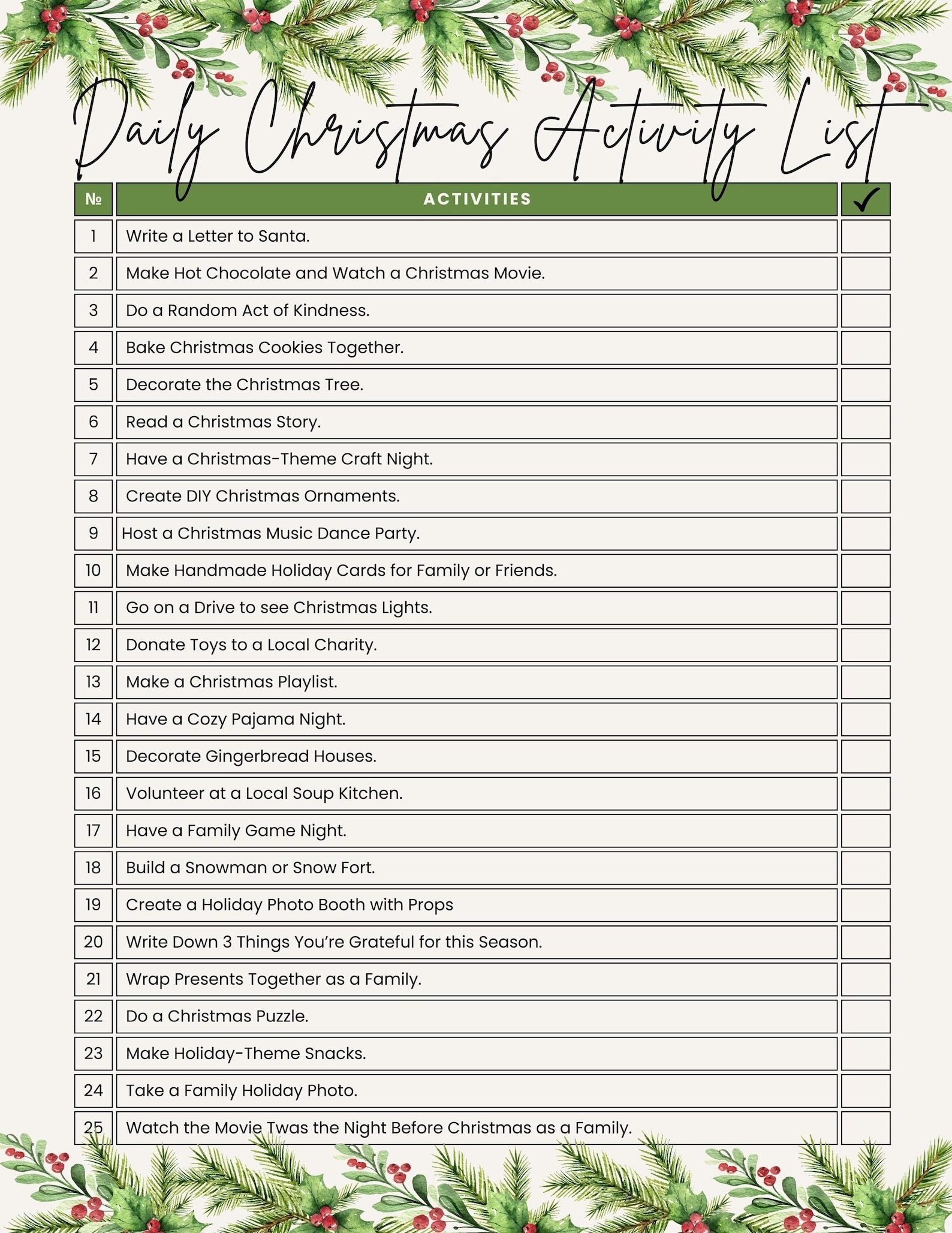 25 Daily Christmas Activity List, Fun and Festive Holiday PDF for ...