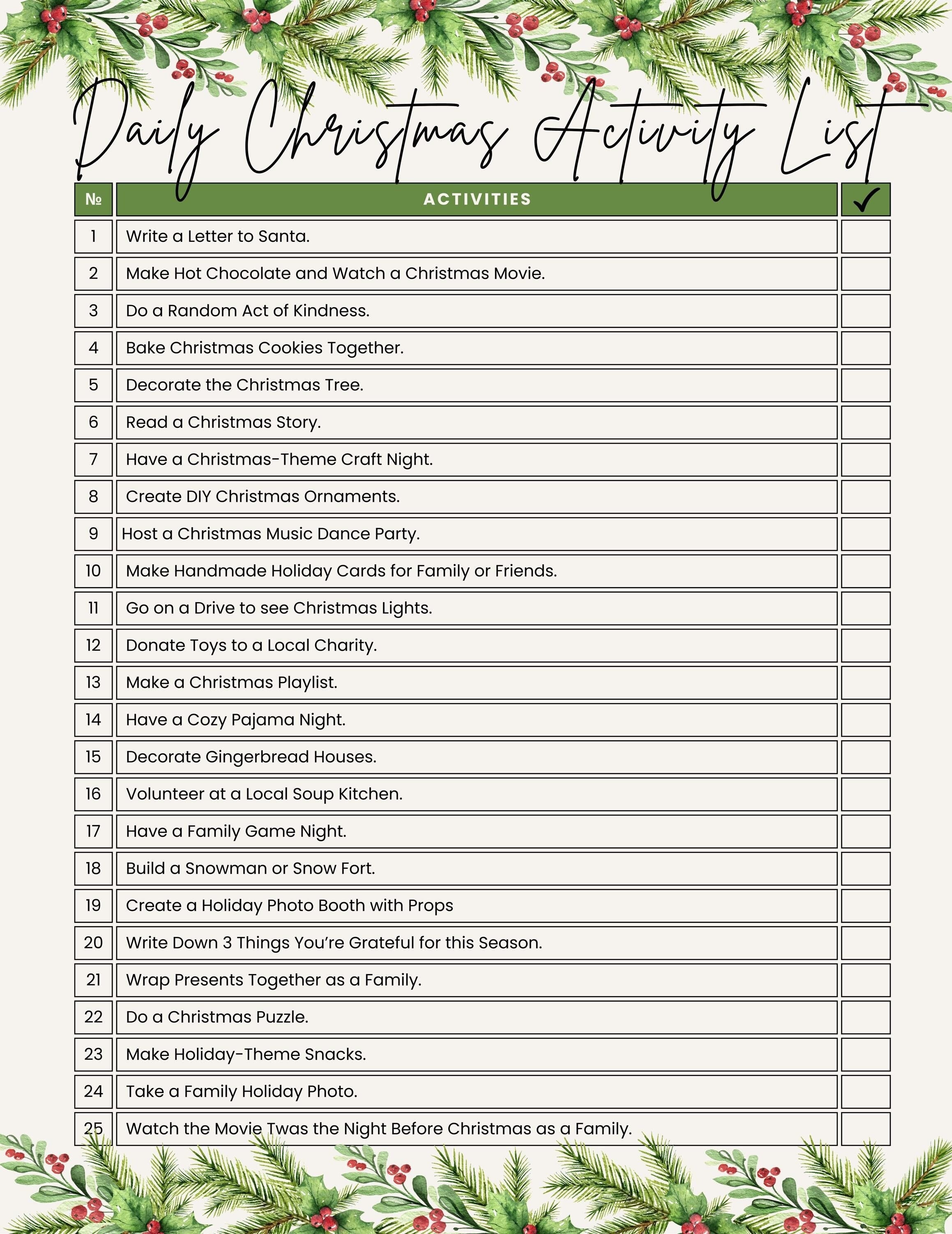 25 Daily Christmas Activity List, Fun and Festive Holiday PDF for ...