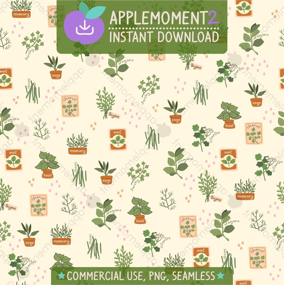 Cute Kawaii Seamless Pattern Herbs Garden Aesthetic Digital Paper PNG ...