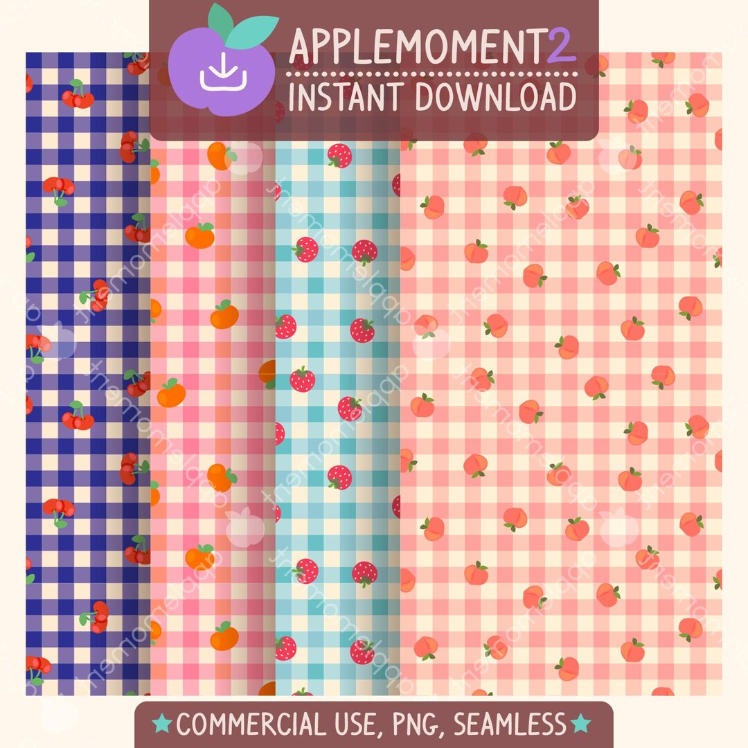 Kawaii Rainbow Fruits Gingham Seamless Pattern: PNG, JPG (digital ...