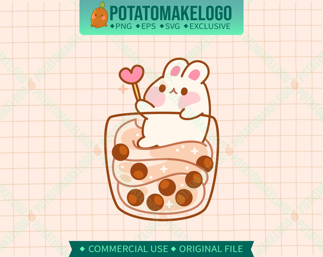 Cute Kawaii Bunny Rabbit Boba Drink Aesthetic Logo Illustration Design ...
