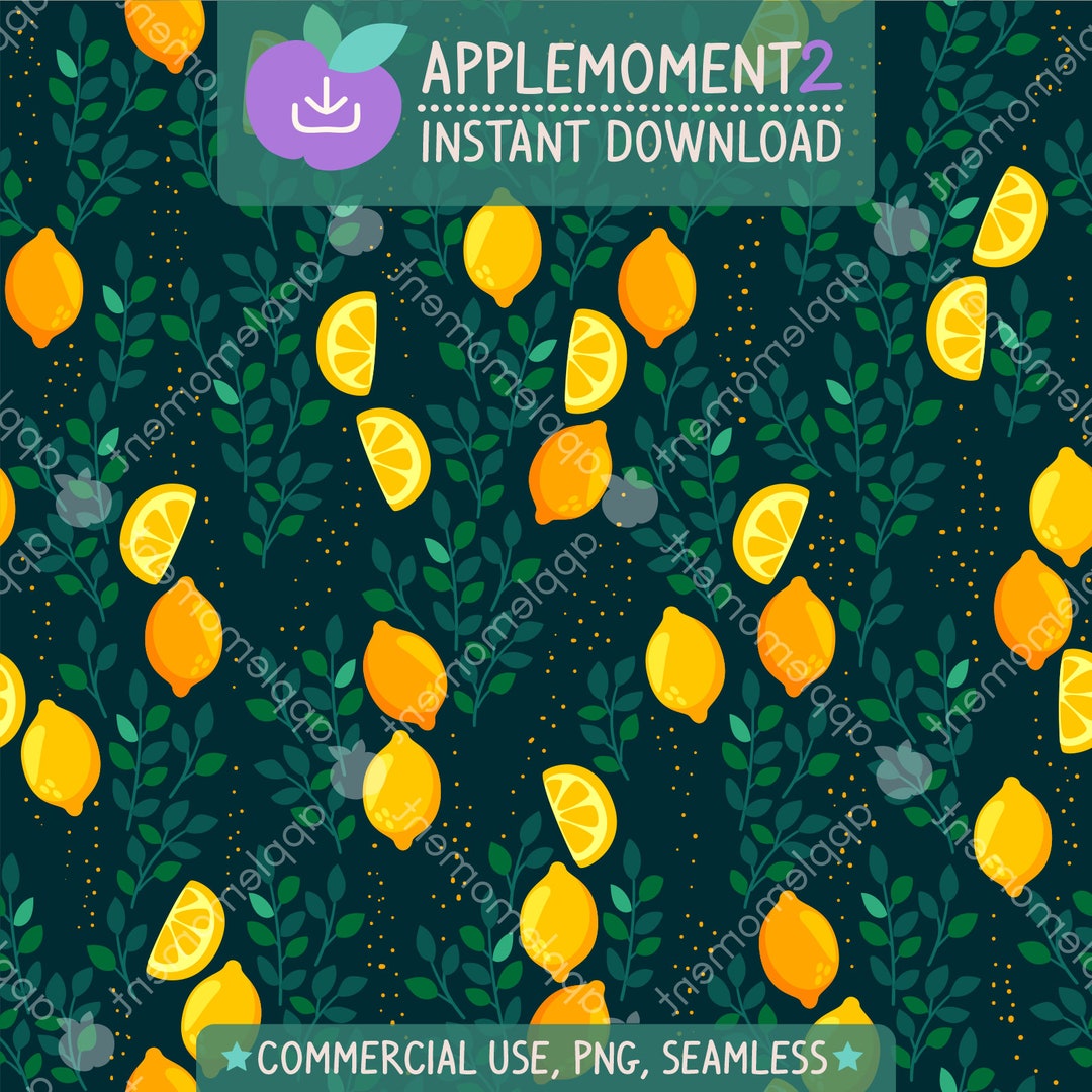 Lemon Fruit Seamless Pattern: Kawaii Dark Green Digital Paper (PNG) - Etsy