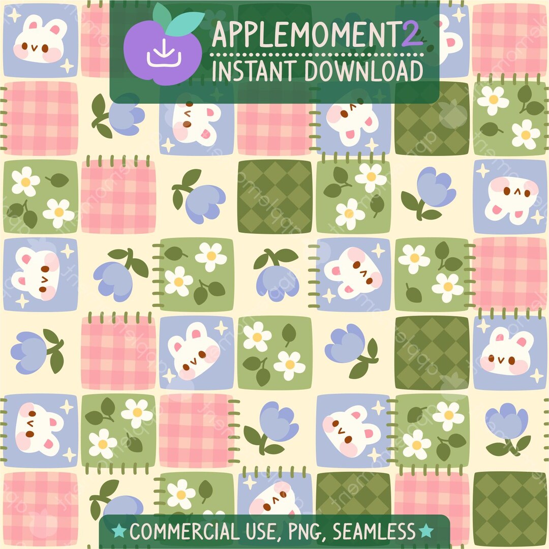 Cute Kawaii Seamless Pattern Spring Gingham Bunny Aesthetic Digital ...