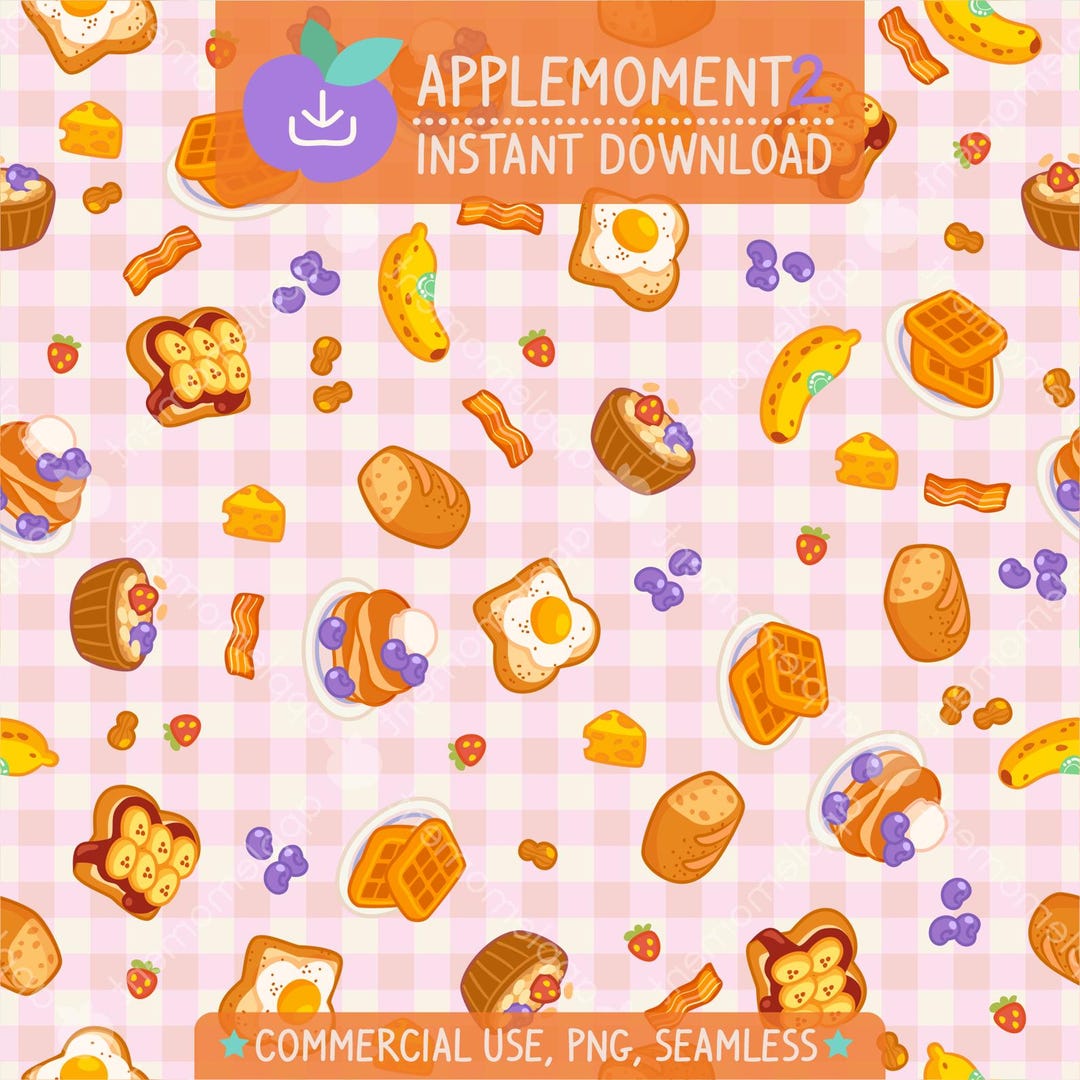 Breakfast Food Gingham Seamless Pattern: Kawaii Bread and Sandwich ...