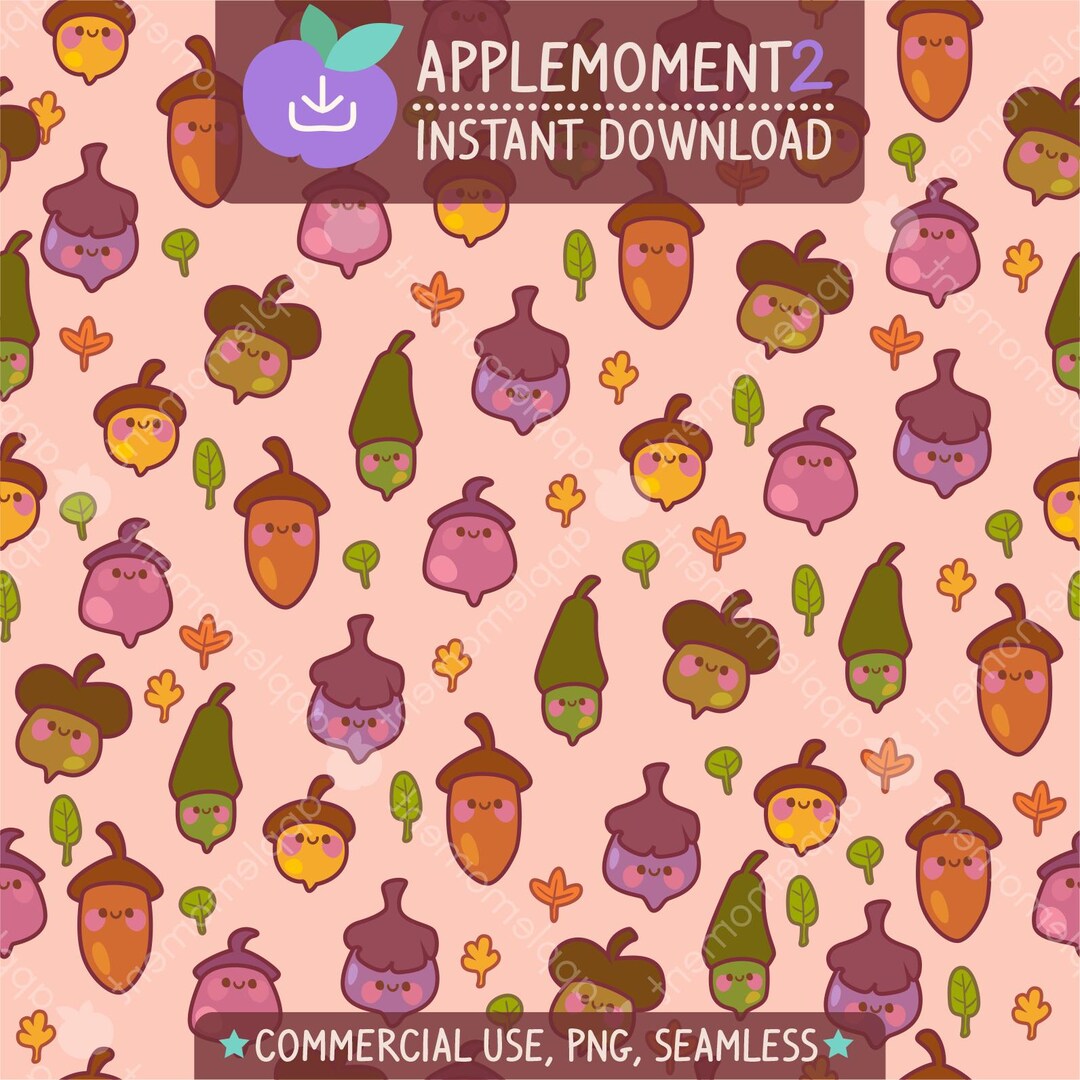 Cute Kawaii Seamless Pattern Gingham Acorn Aesthetic Digital Paper PNG ...