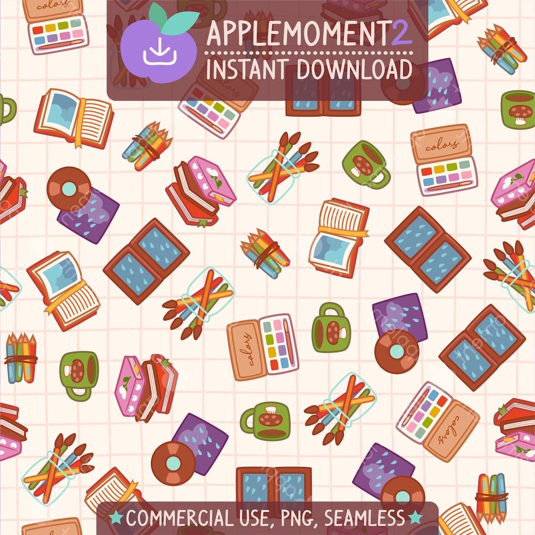 Kawaii Stationery Seamless Pattern, Paper Art (PNG, JPG, Commercial Use ...