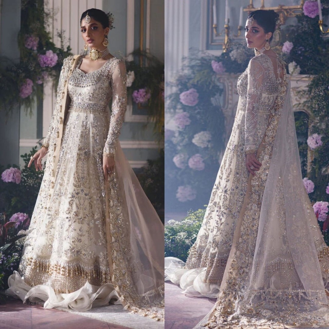White Bridal Maxi Pakistani Wedding Reception Nikah Long Frock Indian ...