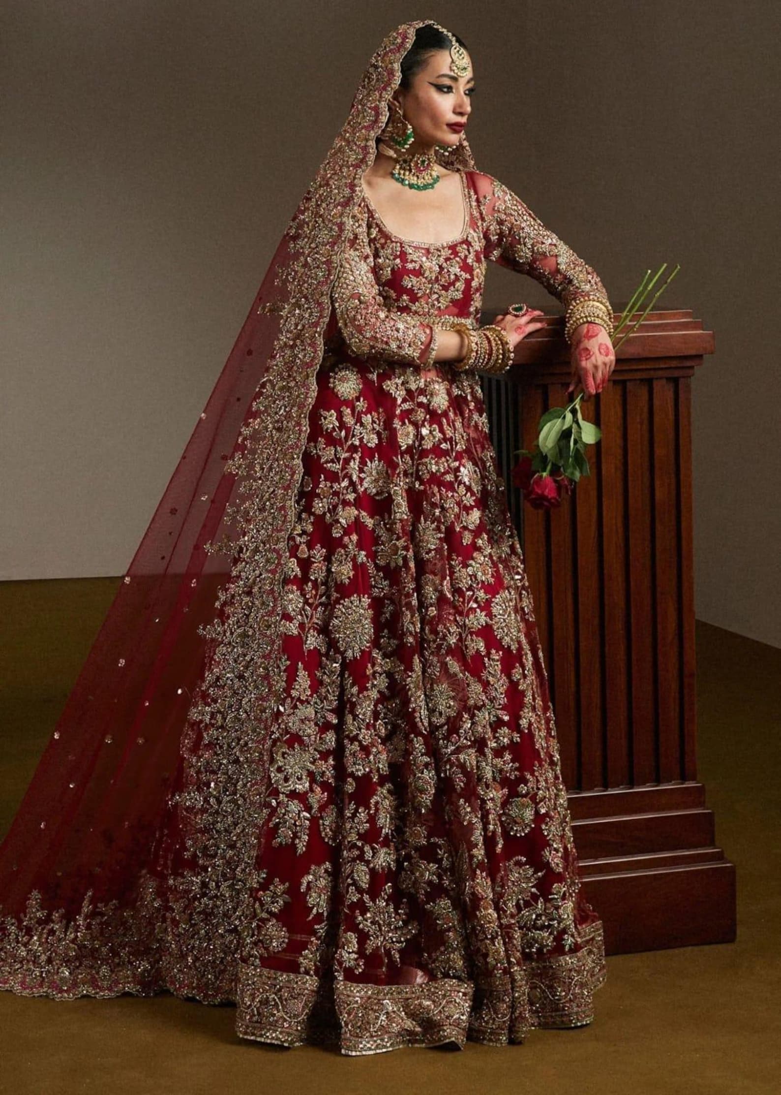 Embroidered Net Bridal Peshwas Dress: Red Pakistani Wedding Maxi ...