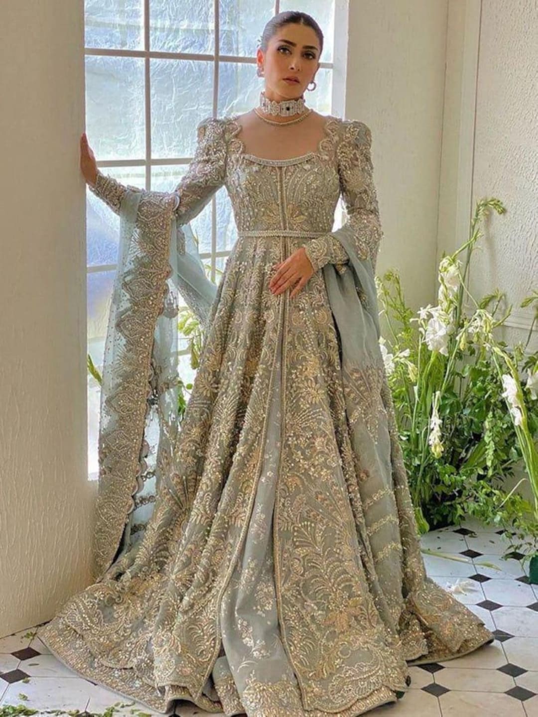 Light Grey Net Front Open Gown | Formal Pakistani Wedding Engagement ...