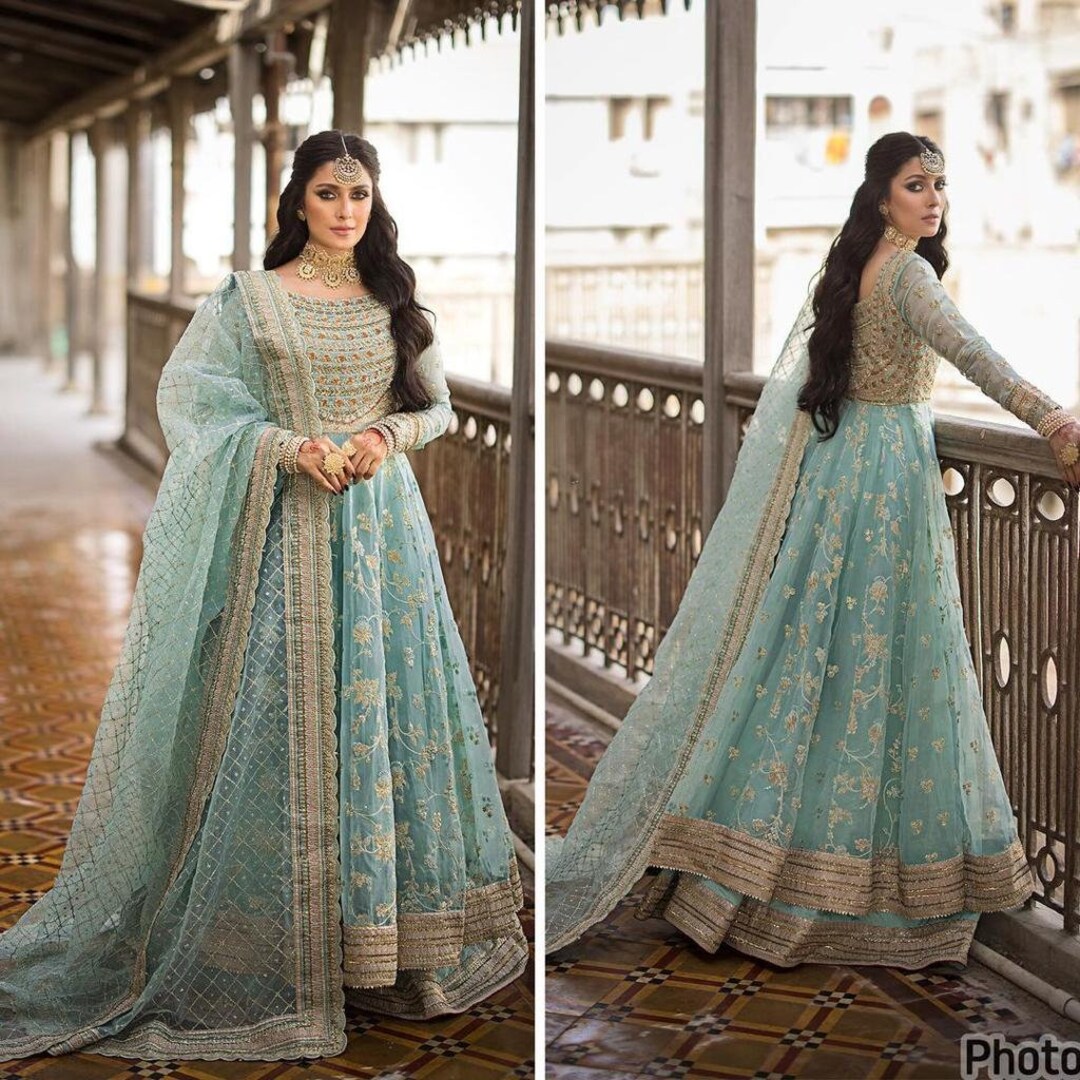 Ice Blue Pakistani Wedding Women Dresses Designer Maxi Lehenga Style ...