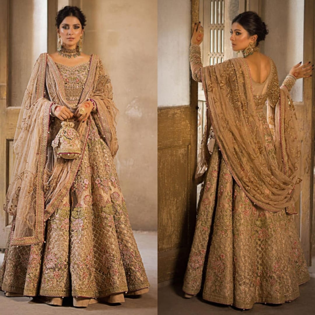 Fawn & Gold Bridal Net Peshwas Pakistani Designer Women Wedding Nikkah ...