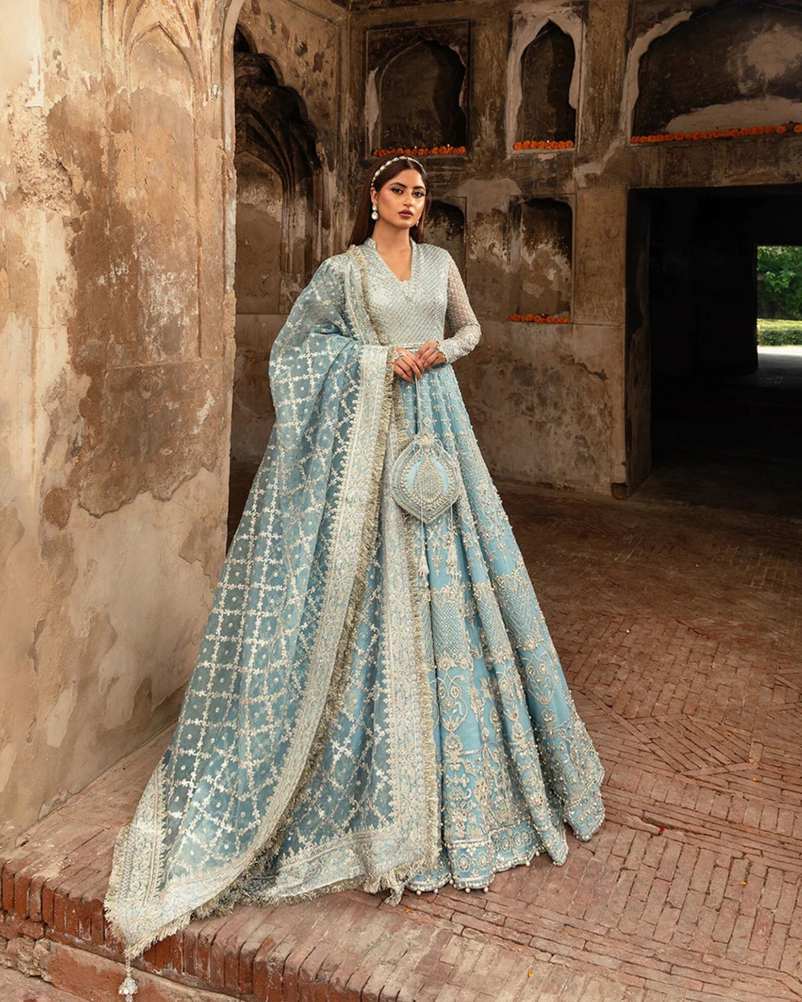 Ice Blue Pakistani Wedding Bridal Reception Dress Embroidery Net Maxi ...