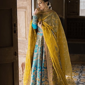 Blue & Yellow Bridal Maxi Pakistani Designer Wedding Reception/nikkah ...