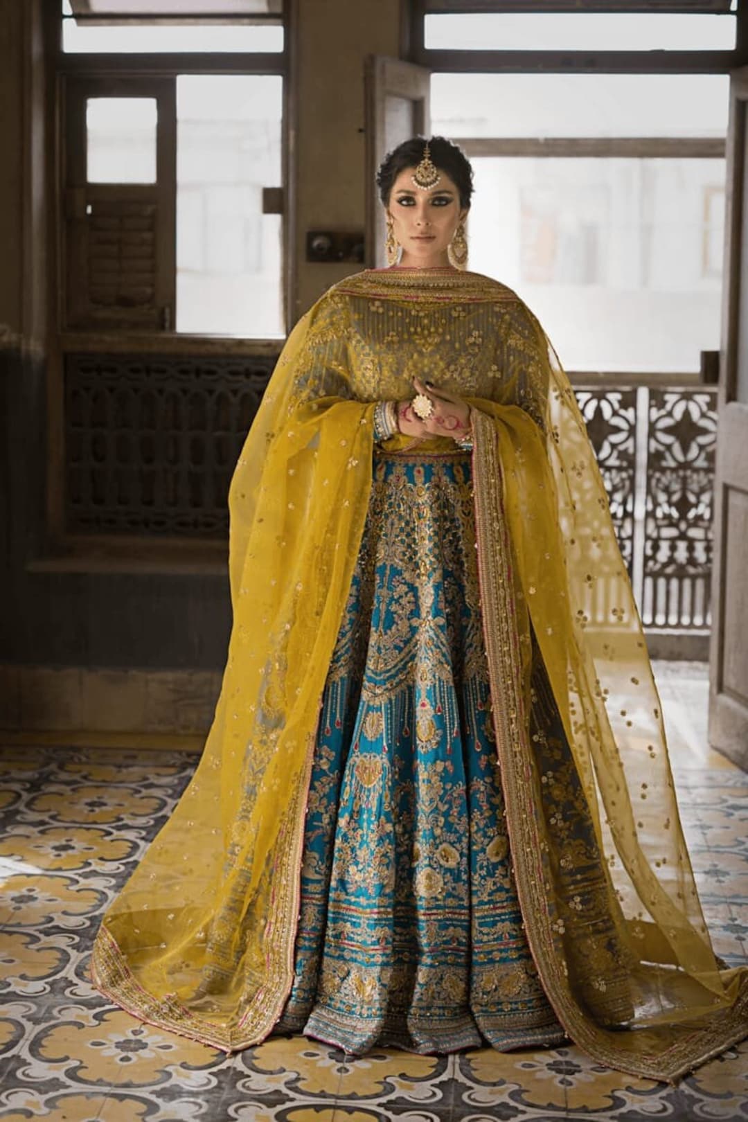 Blue & Yellow Bridal Maxi Pakistani Designer Wedding Reception/nikkah ...