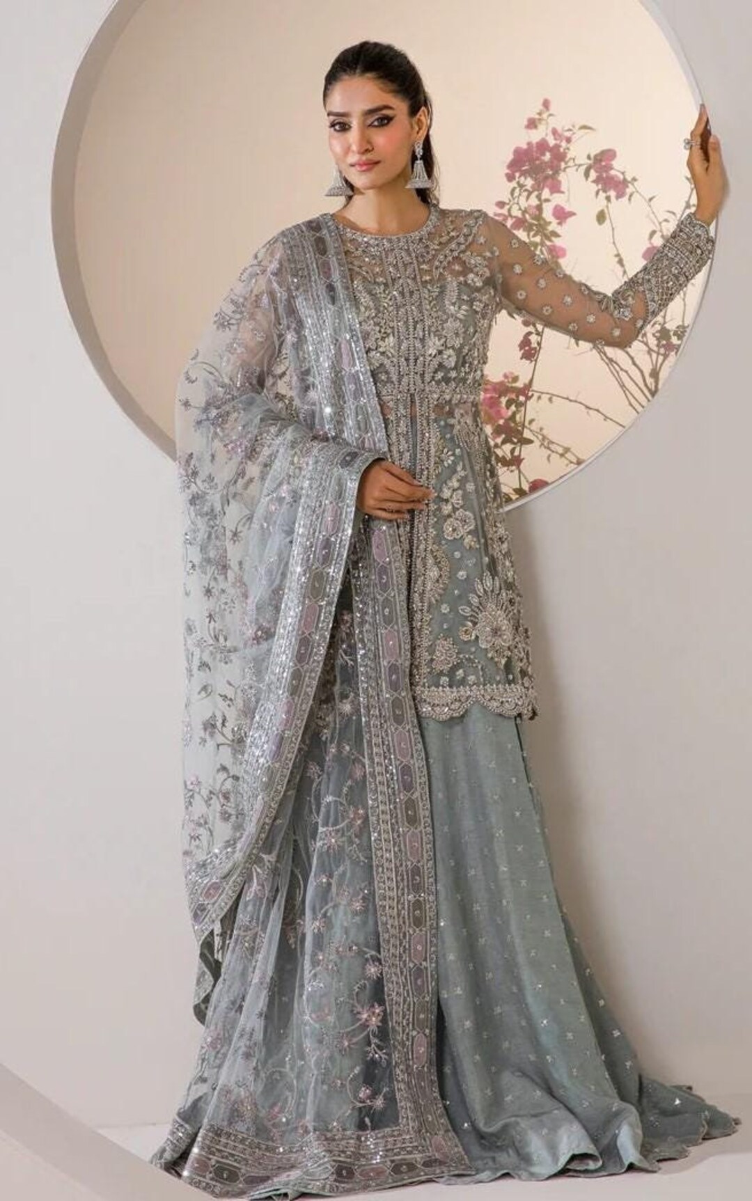 Turquoise Sharara Suit: Pakistani Bridal Nikkah Dress, Hand-embroidered ...