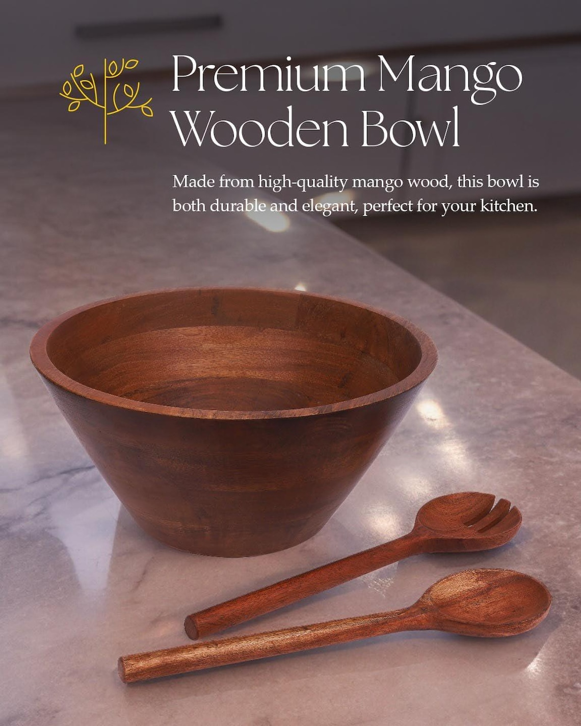 Extra Large Wooden Salad Bowl Set With Fork and Spoon - 12 Inch Bowl ...