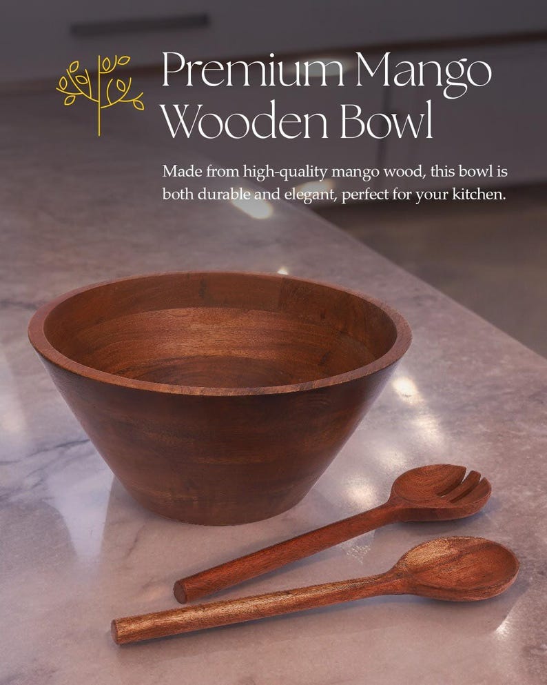 Extra Large Wooden Salad Bowl Set With Fork and Spoon - 12 Inch Bowl ...