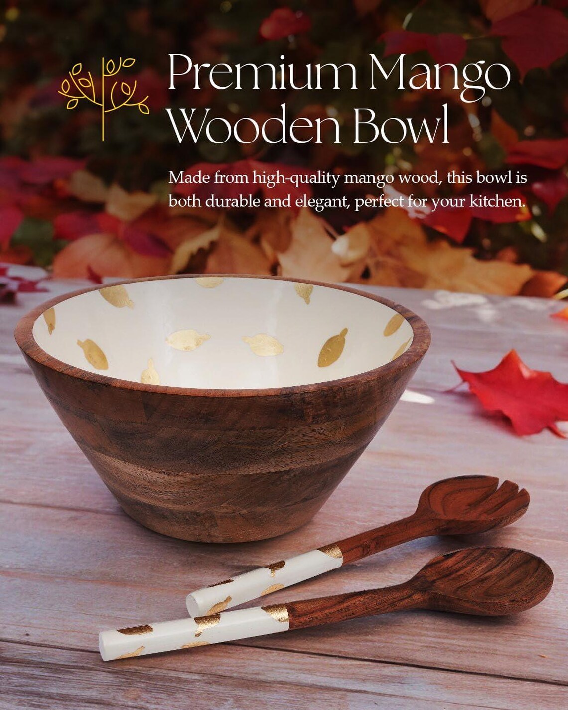 Extra Large Wooden Salad Bowl Set With Fork and Spoon - 12 Inch Bowl ...