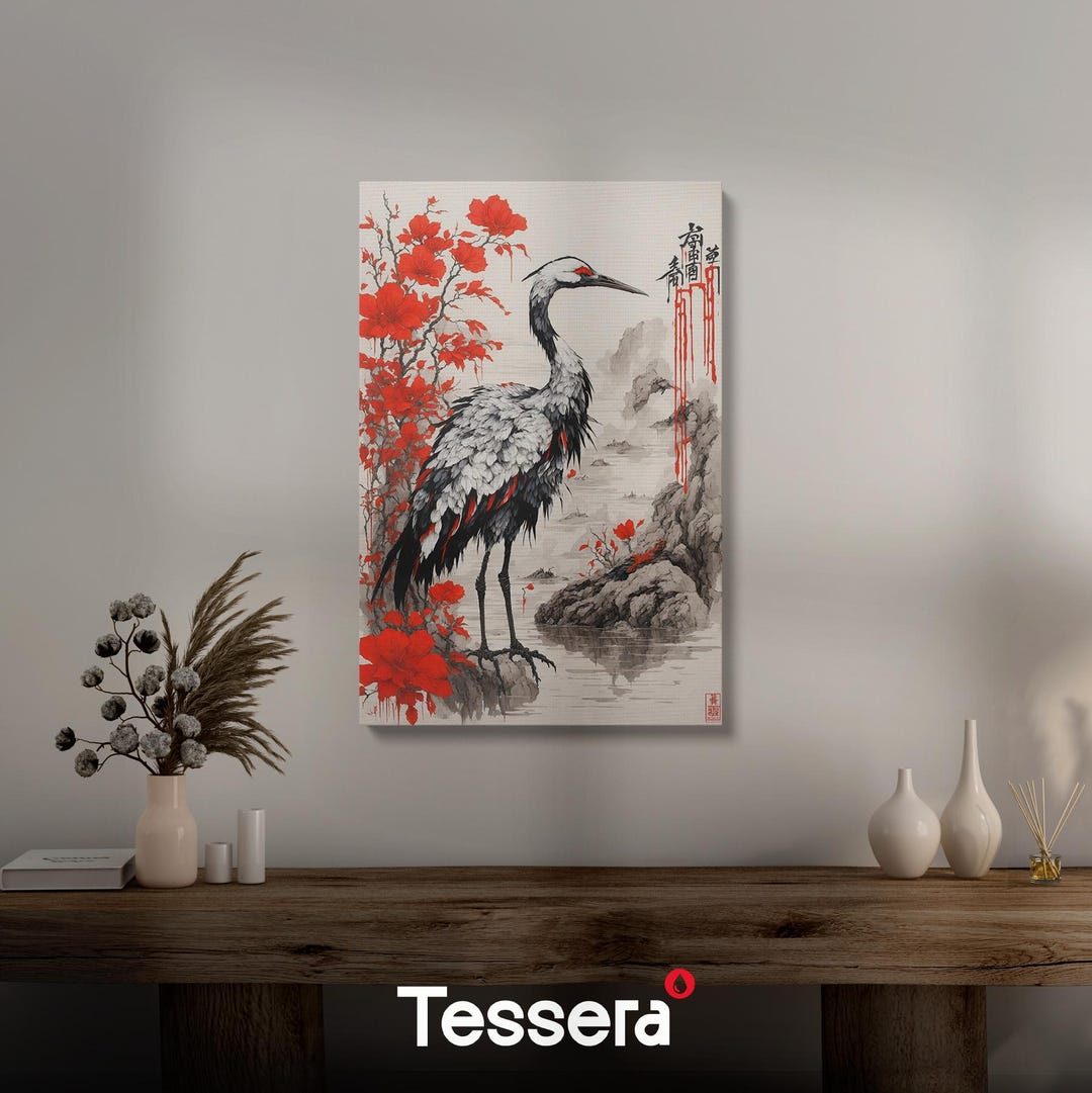 Japanese Crane Ink Wash Canvas Red and Black Crane Wall Art Minimalist ...