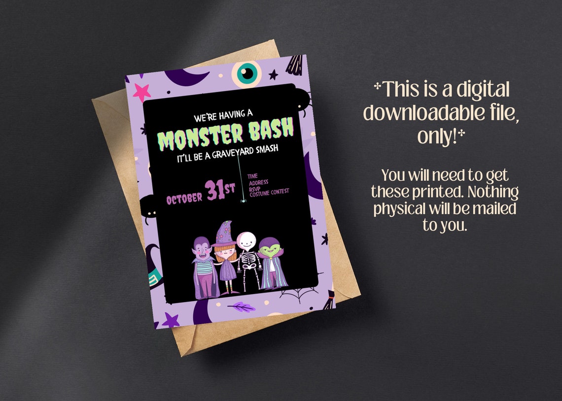 Monster Bash, Halloween Party Invitation, Kids Halloween Party, Costume ...