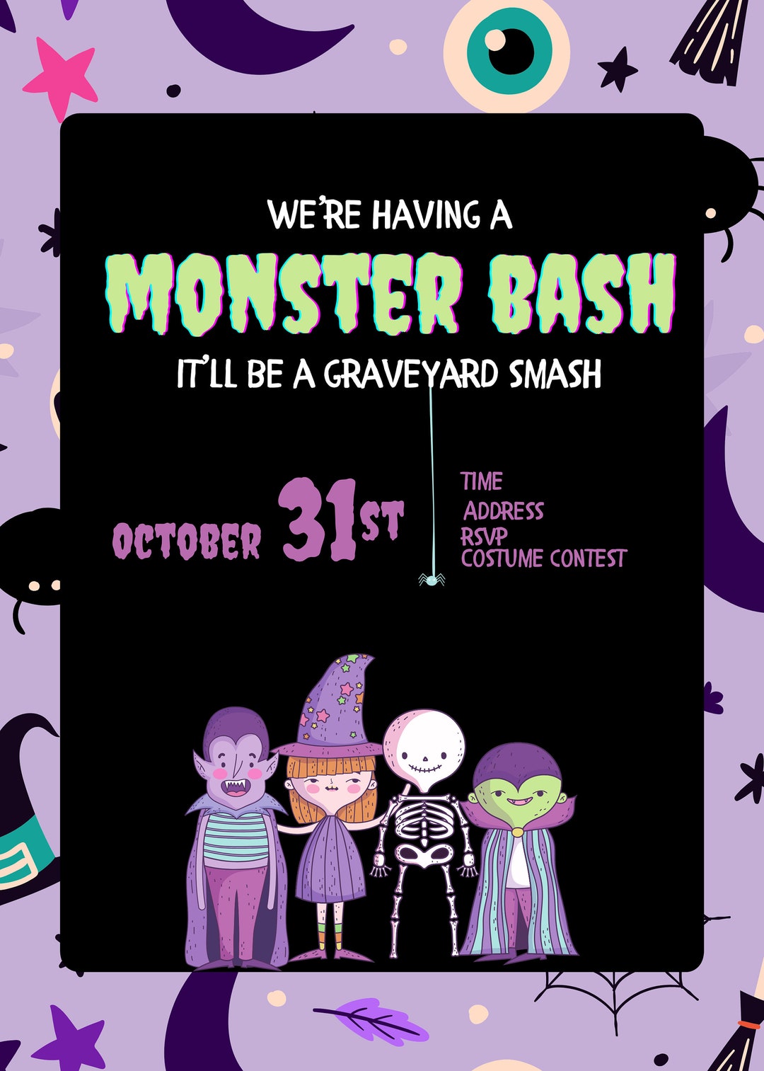 Monster Bash, Halloween Party Invitation, Kids Halloween Party, Costume ...