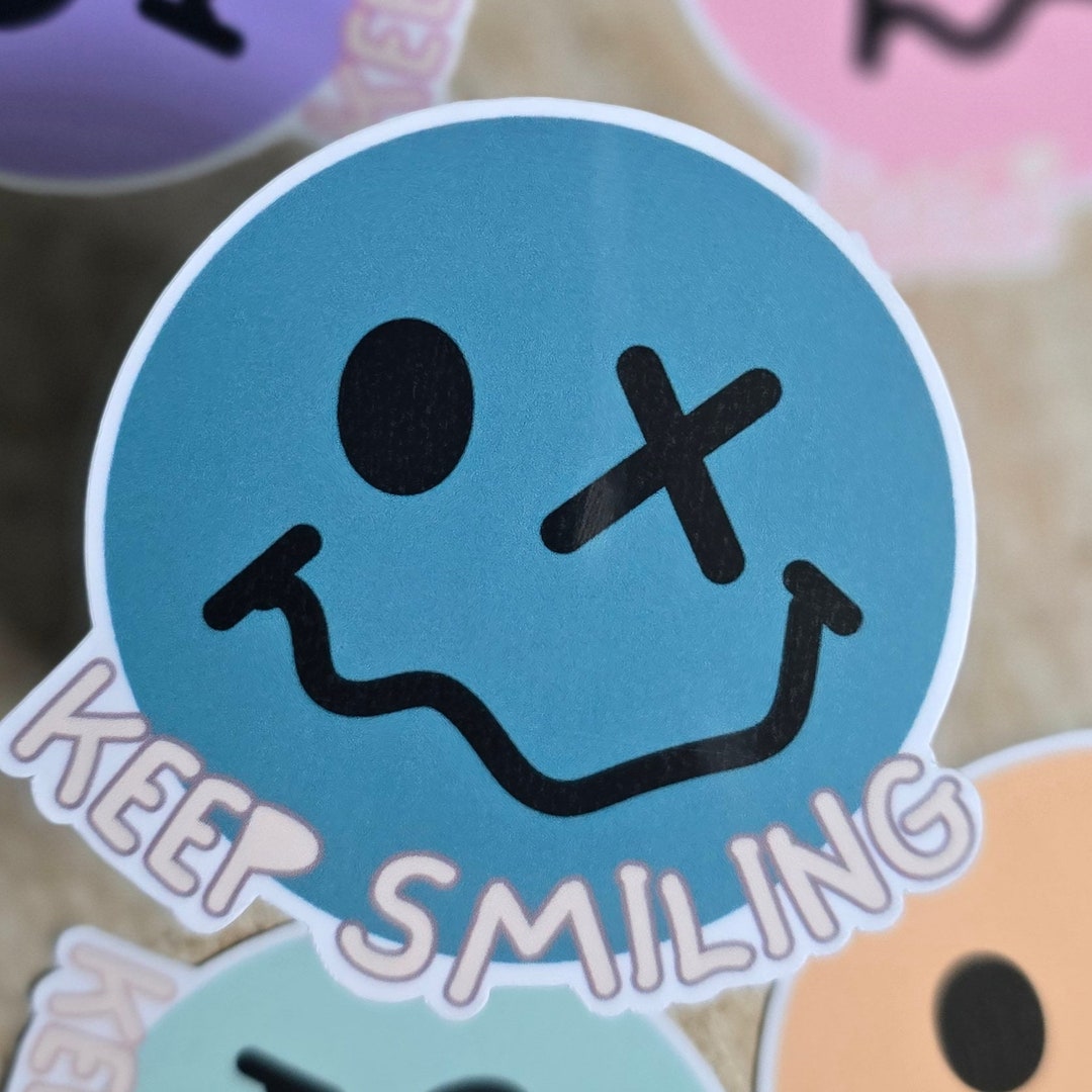 Ironic Smiley Face Waterproof Sticker / Keep on Smiling Encouraging ...