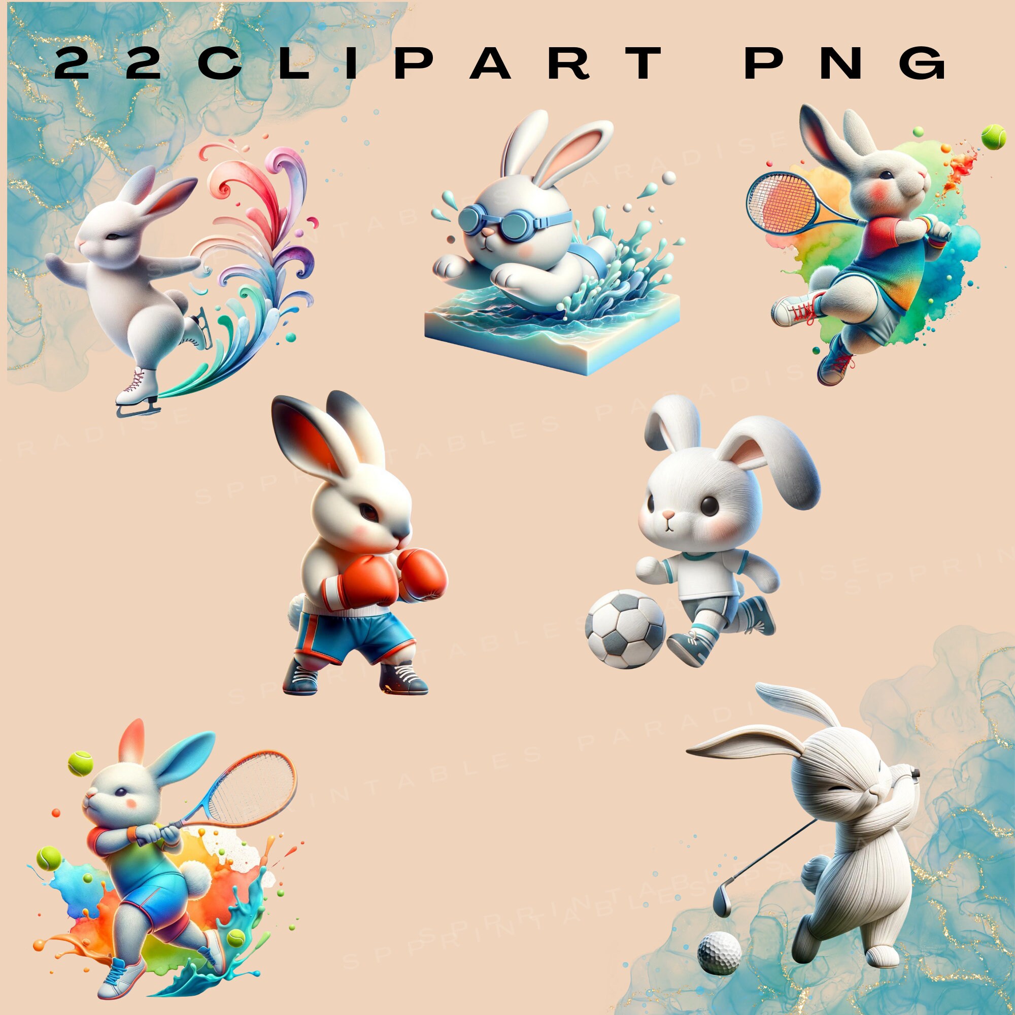 Sports Bunny Clipart PNG: Cute Athletic Bunnies Digital Art for Kids ...