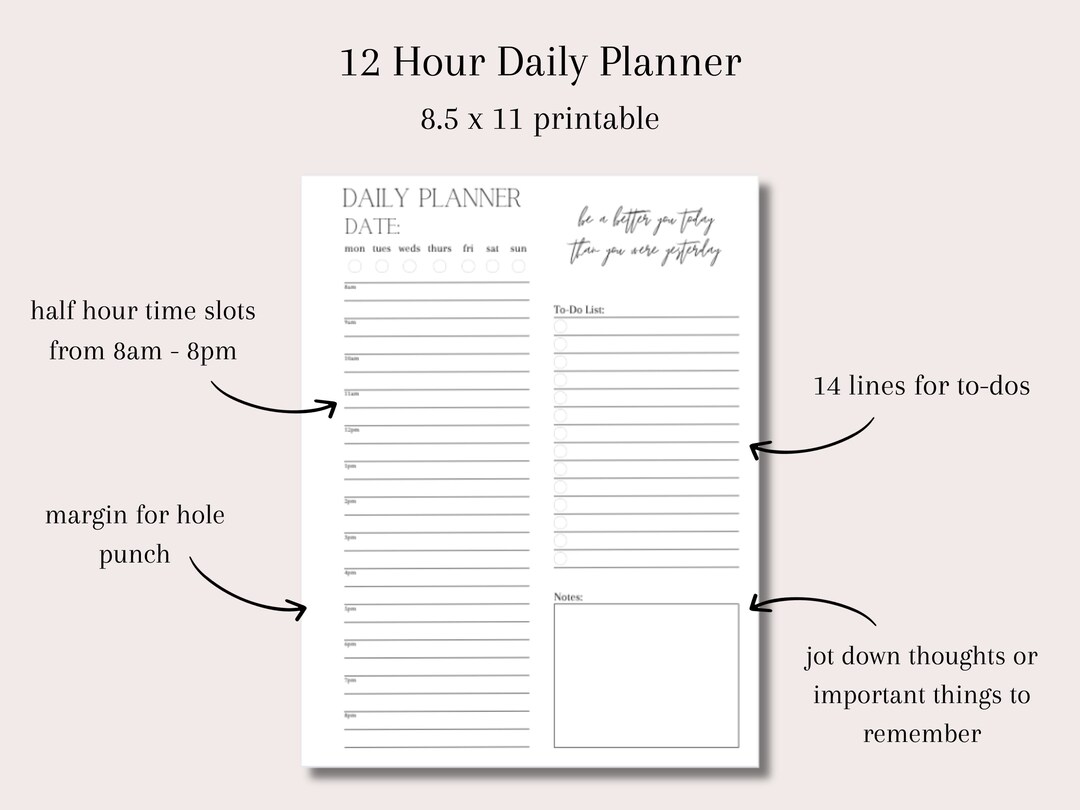 12 Hour Daily Planner Printable | Inspirational Daily Planner Printable ...
