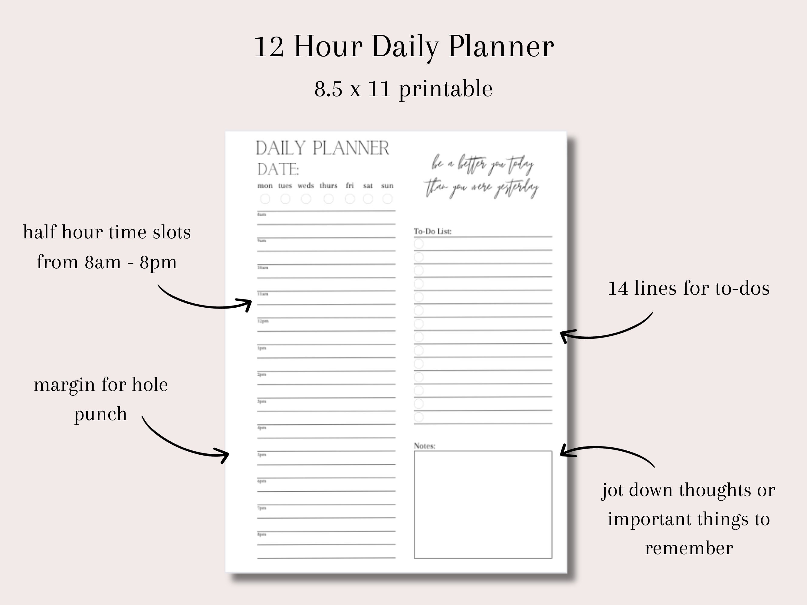 12 Hour Daily Planner Printable | Inspirational Daily Planner Printable ...