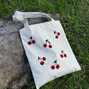 Cherry Canvas Tote Bag, Embroidered Tote, Tote Bag With Zipper ...