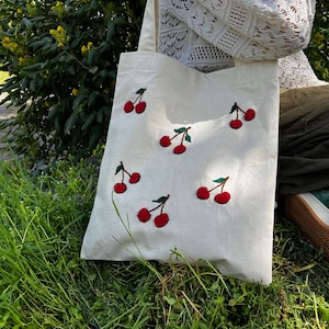 Cherry Canvas Tote Bag, Embroidered Tote, Tote Bag With Zipper ...