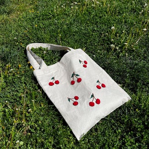 Cherry Canvas Tote Bag, Embroidered Tote, Tote Bag With Zipper ...