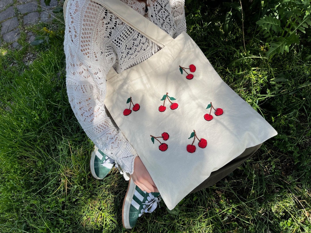 Cherry Canvas Tote Bag, Embroidered Tote, Tote Bag With Zipper ...
