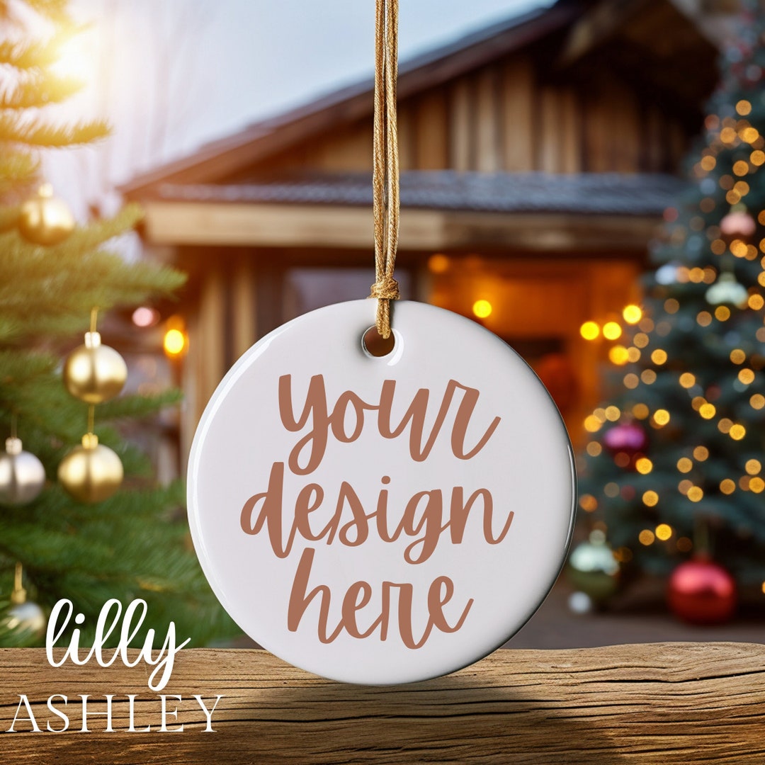 Rustic Christmas Ornament Mockup Ceramic Blank Round White Ceramic ...