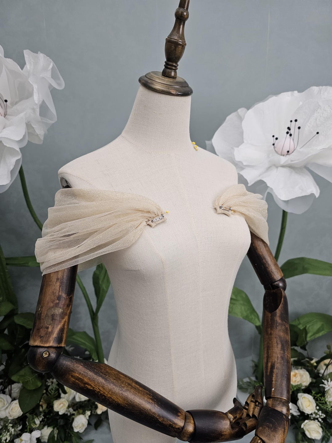Champagne Glitter Tulle Detachable Bridal Straps: Off-shoulder Wedding ...