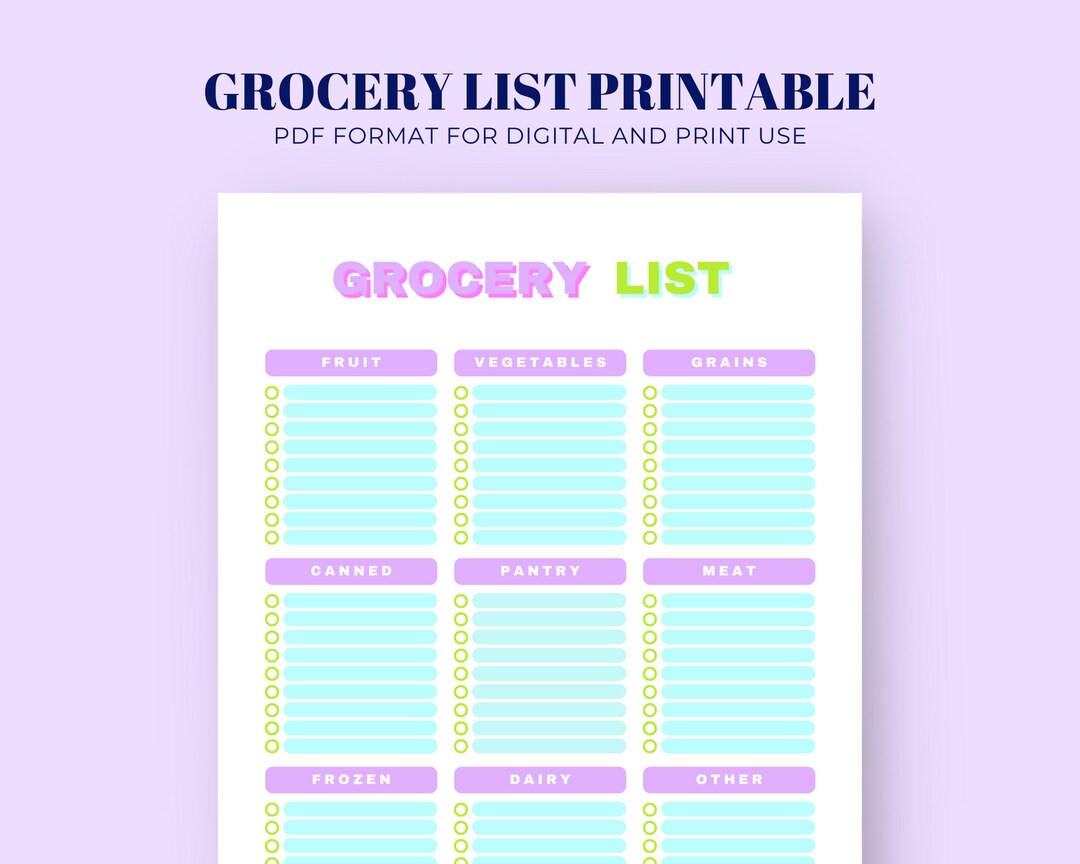 Electric Color Block Grocery List Printable and Digital File - Etsy