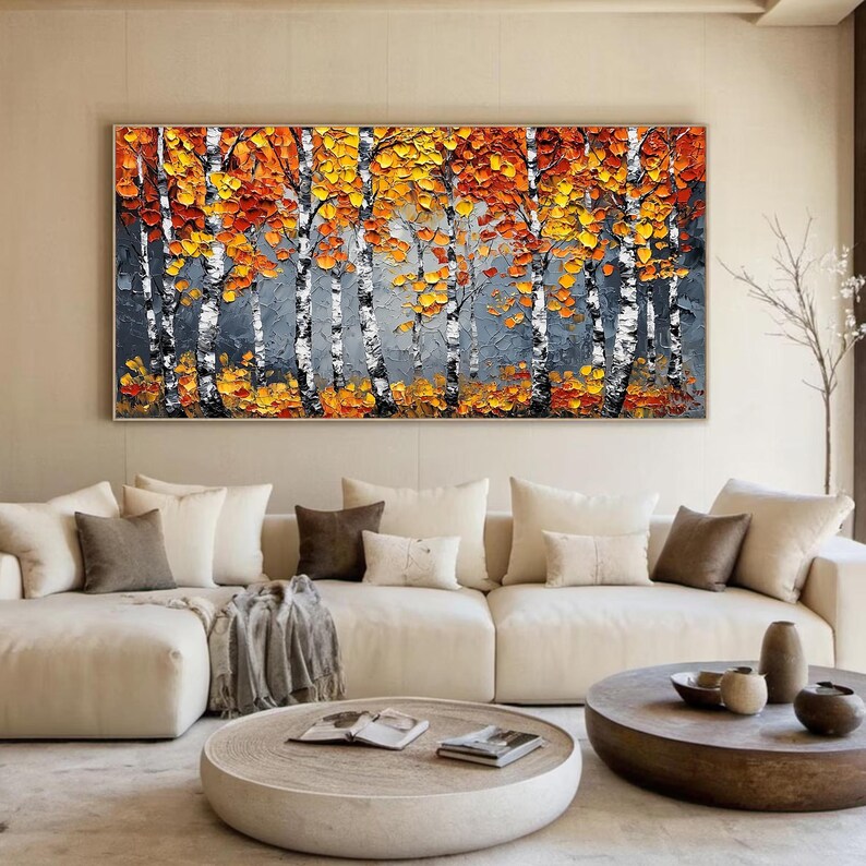 Textured Birch Tree Oil Painting, Abstract Autumn Landscape Art - Etsy UK
