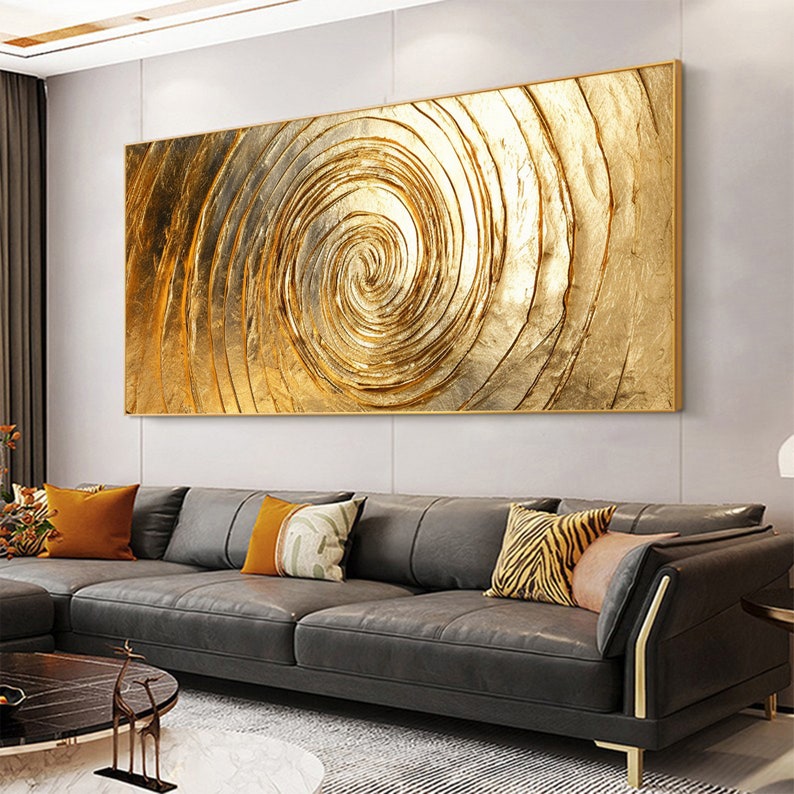 Textured Gold Circle Oil Painting on Canvas, Abstract Modern Wall Art ...