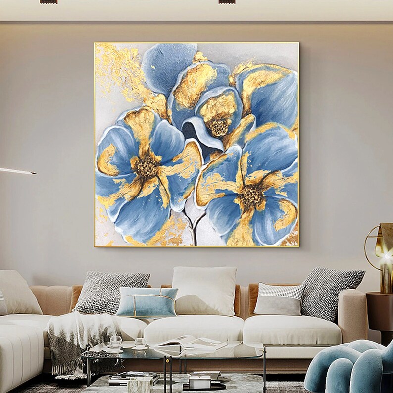 Large Abstract Flower Oil Painting on Canvas Wall Art, Original Blue ...