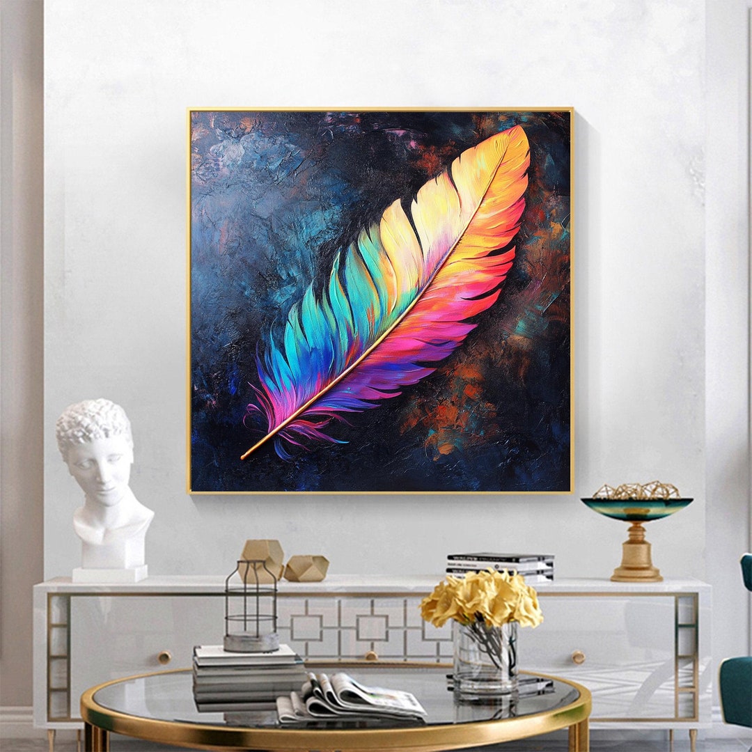 Abstract Colorful Feather Oil Painting on Canvas, Large Wall Art ...